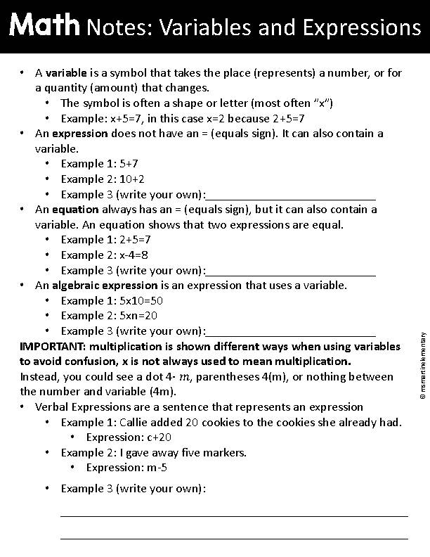 Math Notes and Practice- Variables and Expressions *with answer key ...