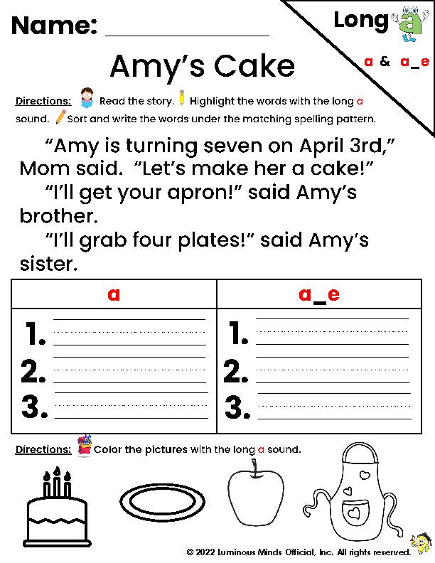 Long A Worksheet- Amy’s Cake- A and A_E - Classful