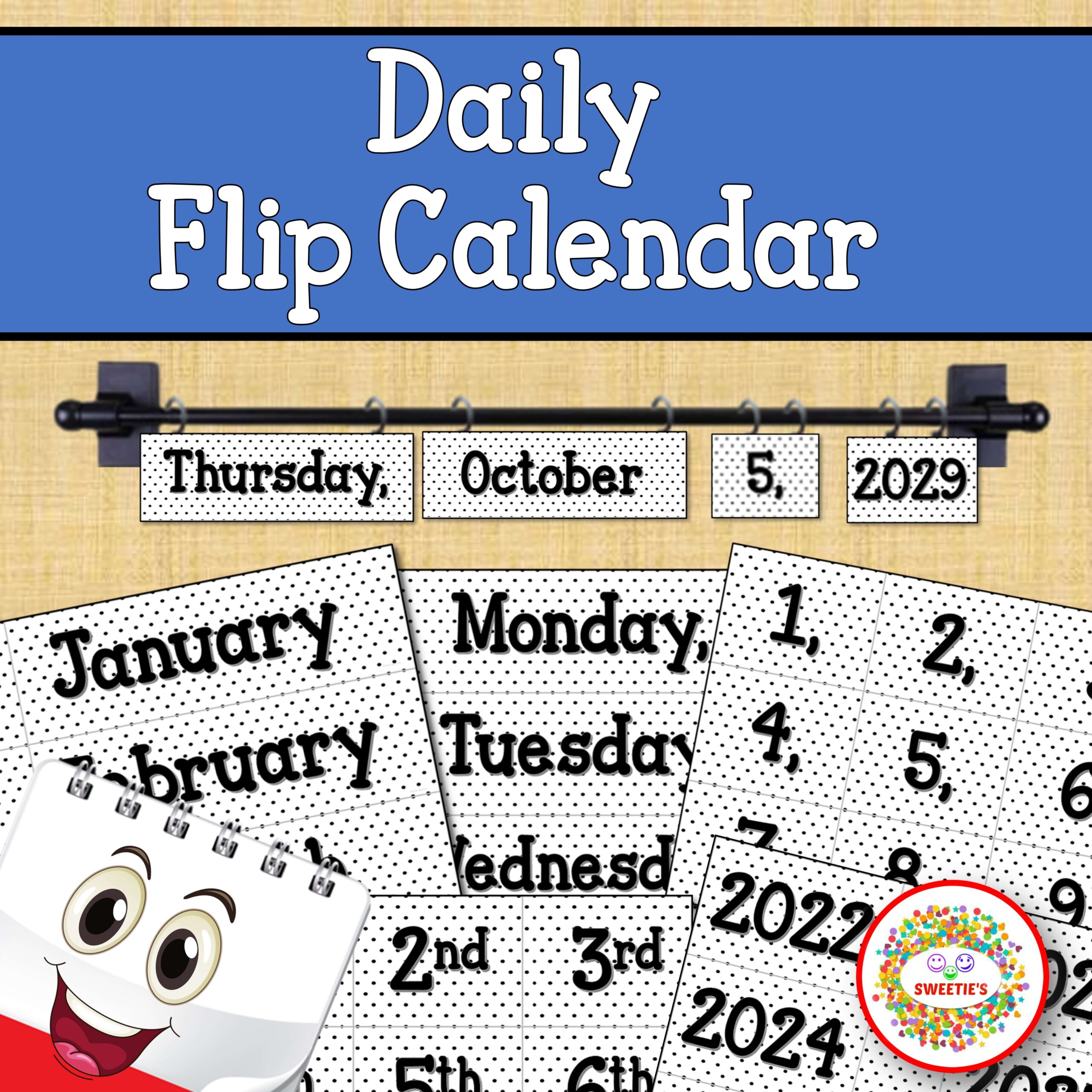Daily Flip Calendar 2022 to 2051 Black and White Polka Dot Theme - Classful