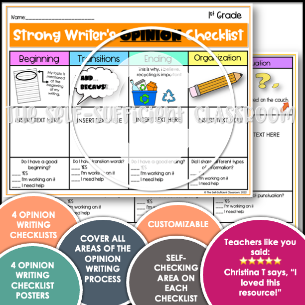 1st Grade Opinion Writing Checklist Editable - Classful