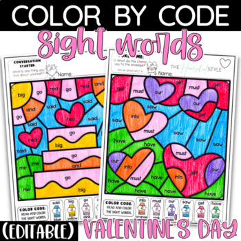 Valentine's Day Color by Sight Word Practice Editable Activities - Classful