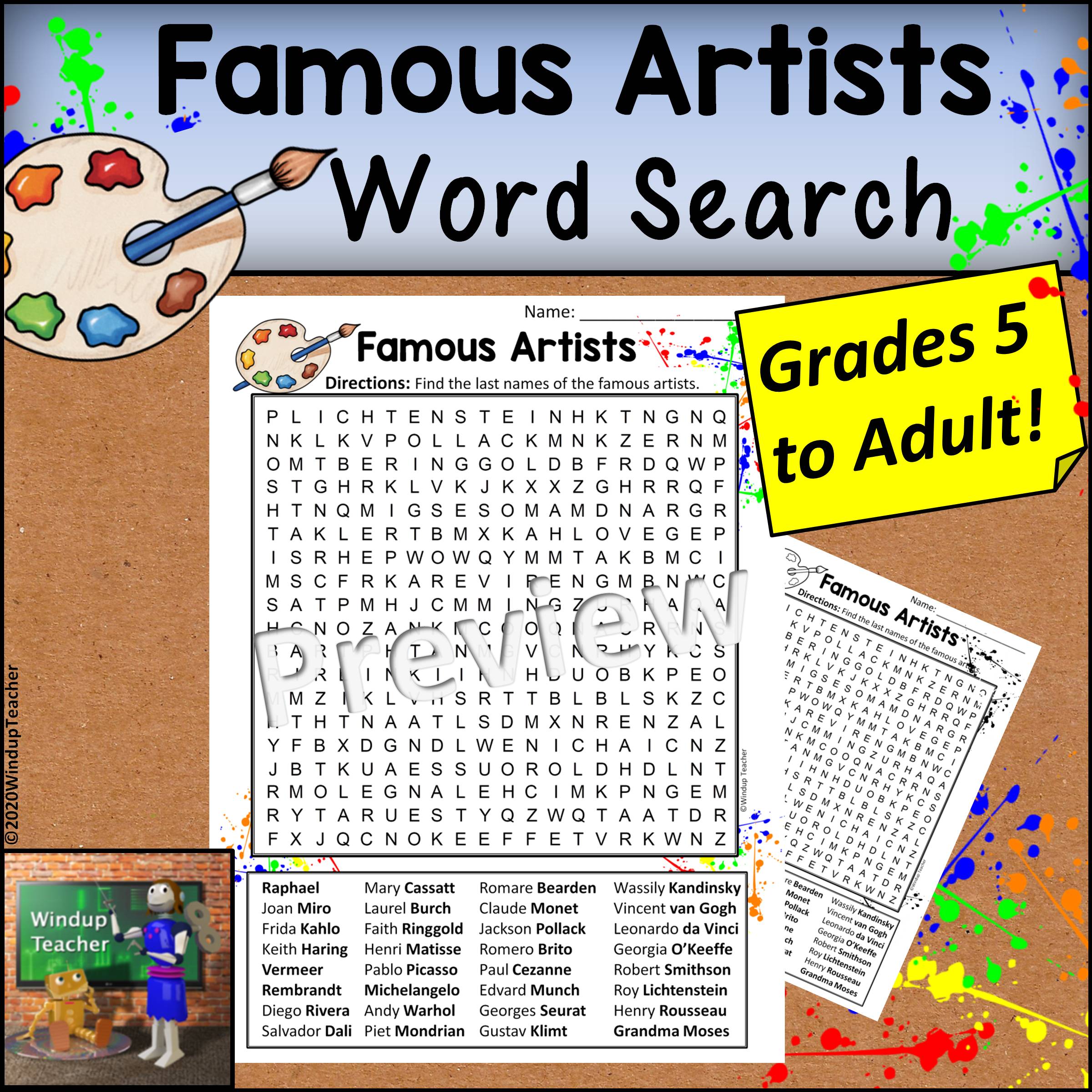 Famous Artists Word Search HARD For Grades 5 To Adult Classful Famous Artists Word Search HARD For Grades 5 To Adult Classful