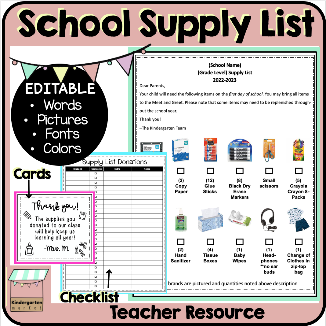 Back to School Supply List Editable Template | Kindergarten and Primary ...