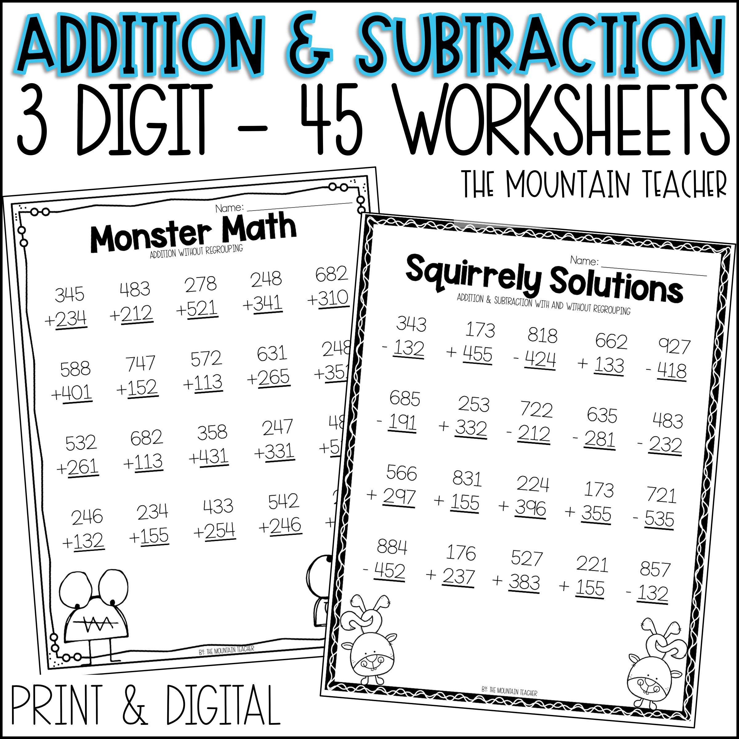 3 Digit Addition And Subtraction Worksheets With And Without Regrouping