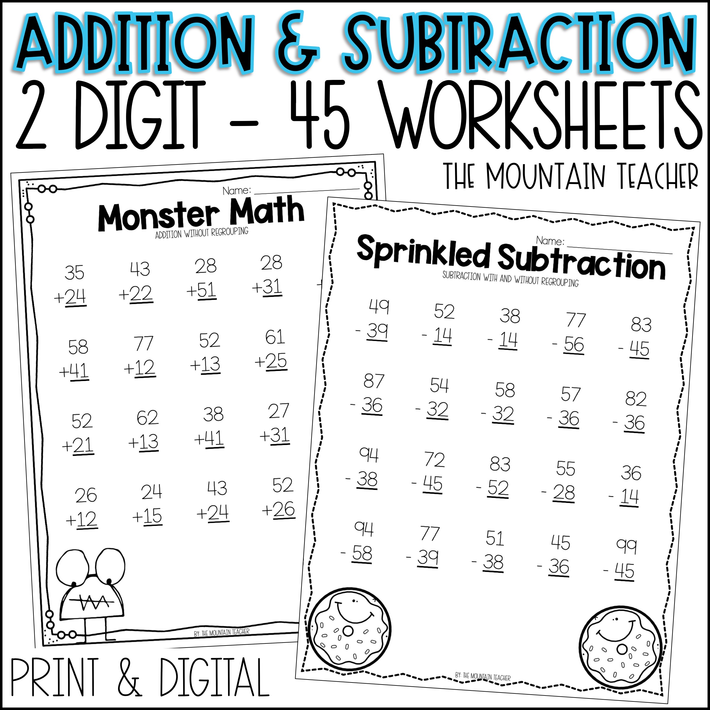 2 Digit Addition And Subtraction Worksheets With And Without Regrouping