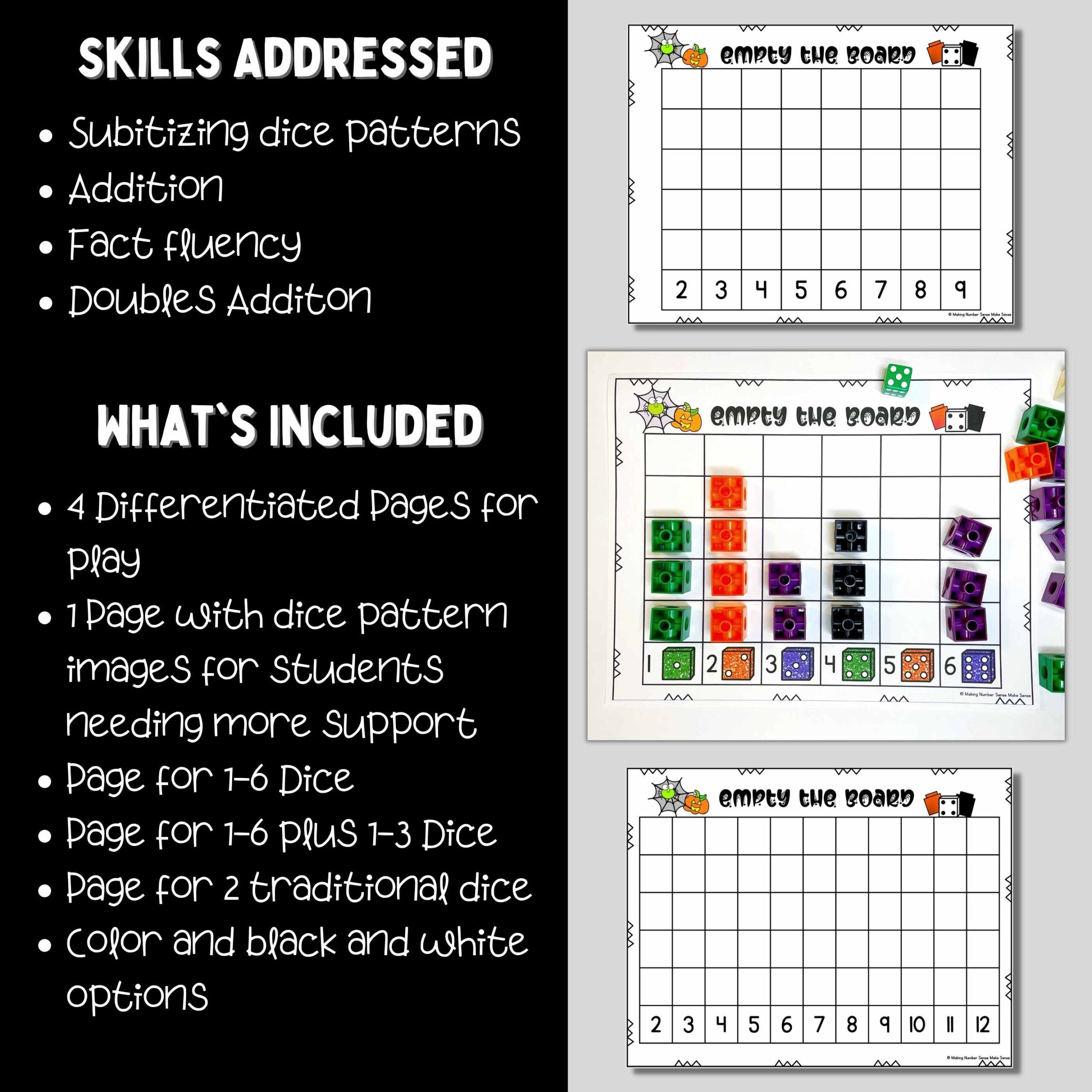 Halloween Empty the Board | Dice Print and Play Number Sense Center ...