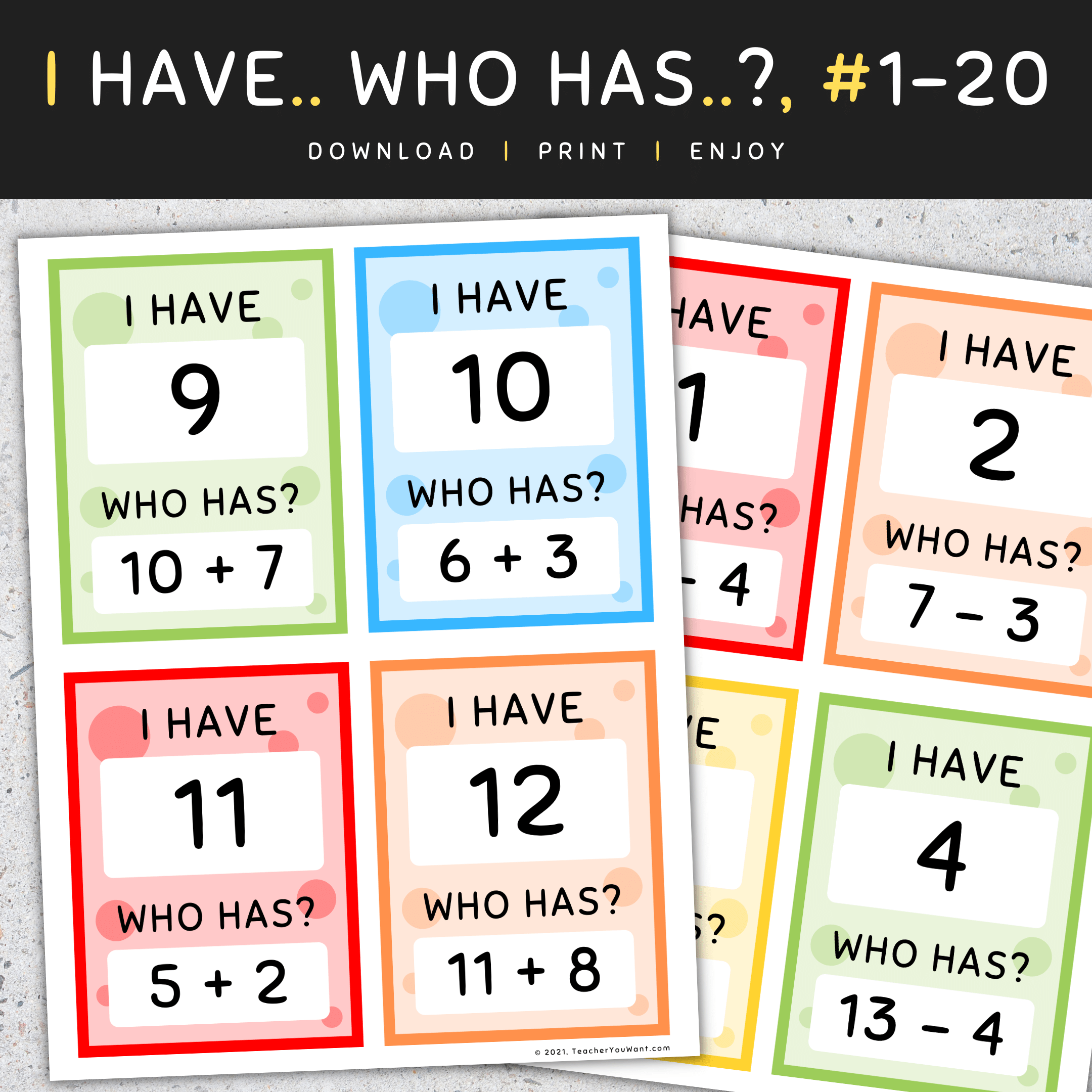 I Have Who Has- Numbers 1-20, Two Digit Game, Addition and Subtraction ...