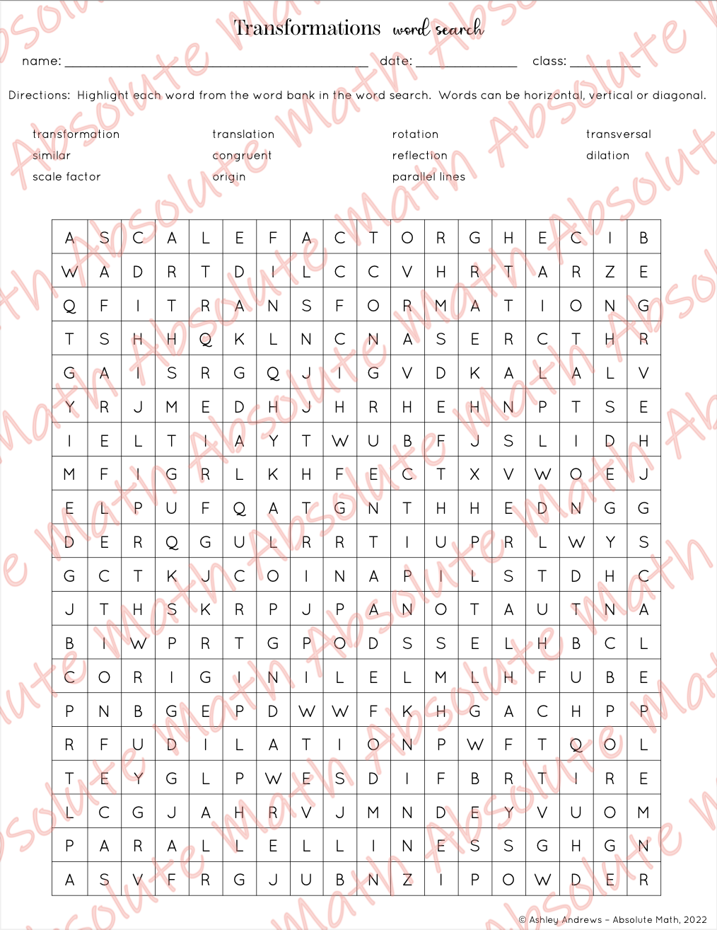 Transformations Word Search - Classful