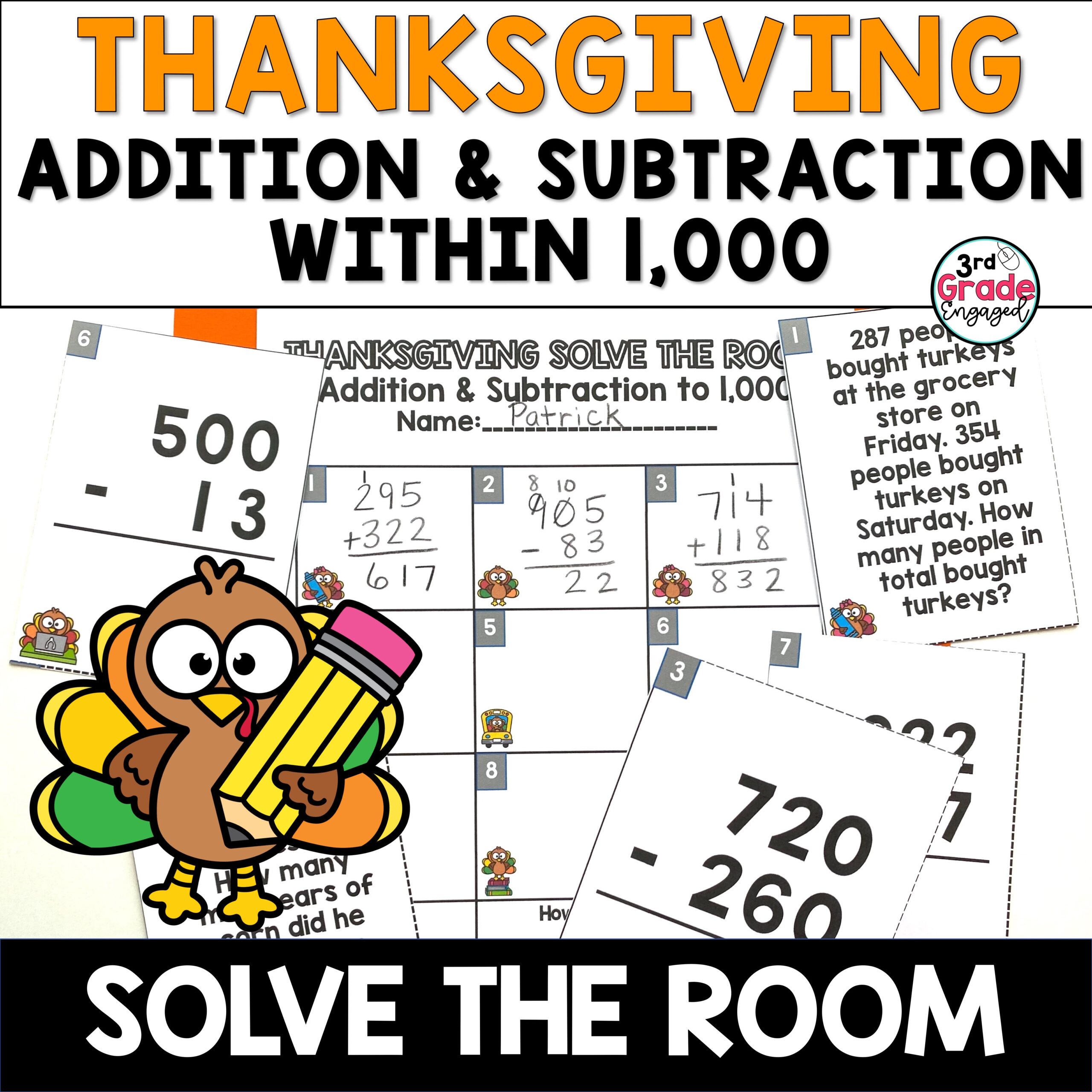 Addition & Subtraction to 1000 Solve the Room Thanksgiving Math ...