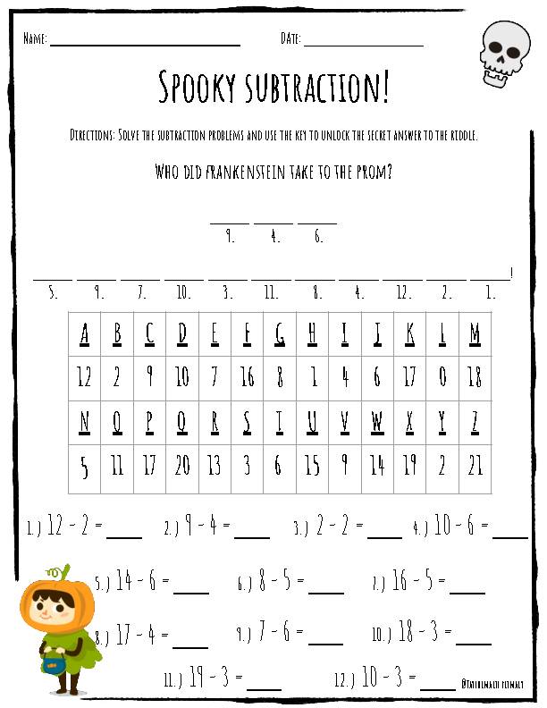 Spooky Halloween Subtraction Math Secret Riddle Worksheets - Classful