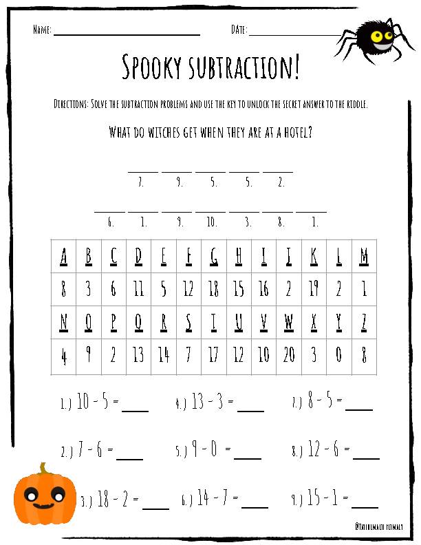Spooky Halloween Subtraction Math Secret Riddle Worksheets - Classful