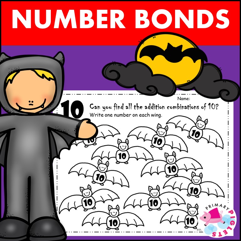 HALLOWEEN ADDITION NUMBER BONDS ADDITION FACTS TO 10 WORKSHEETS 