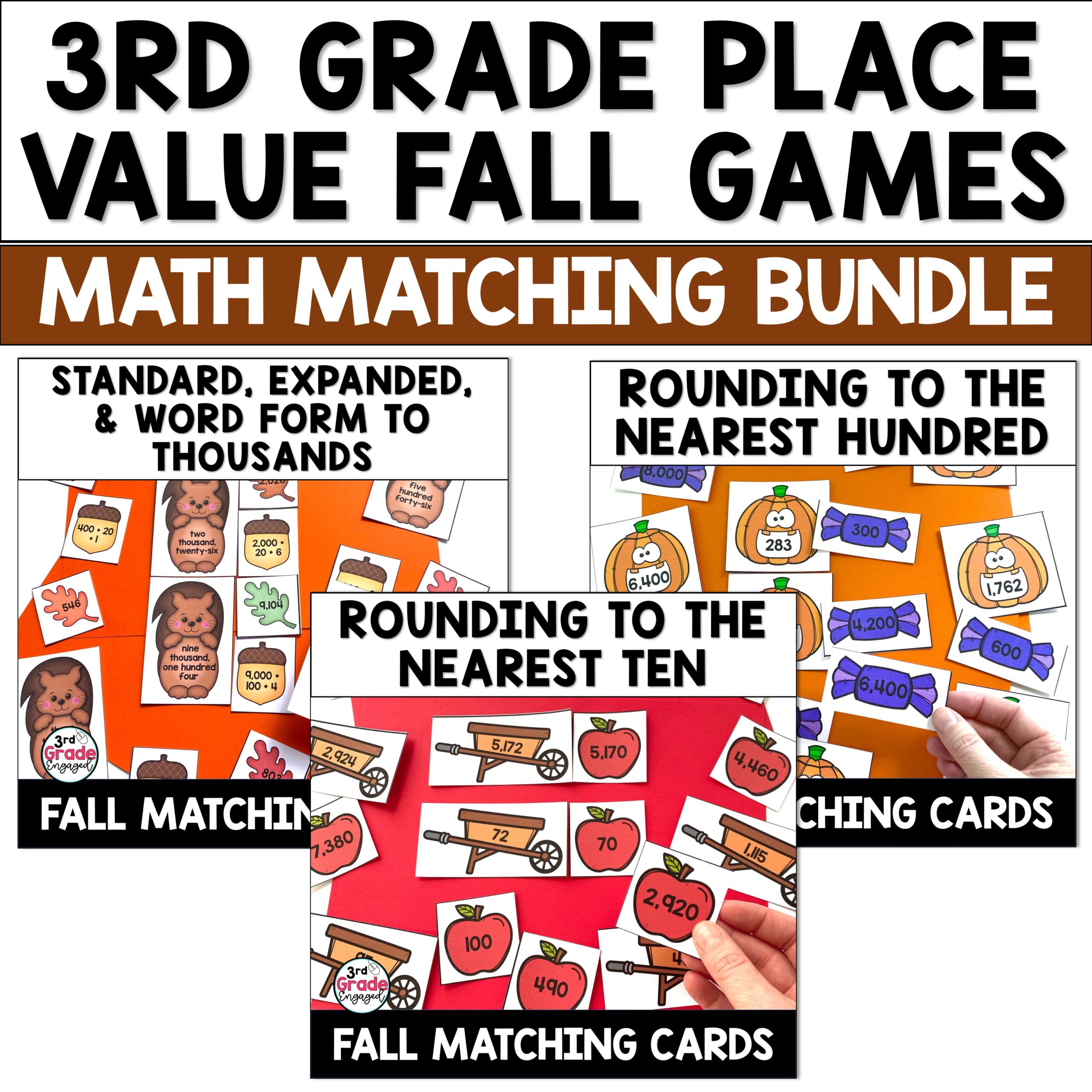 Third Grade Place Value Matching Games Fall Math Bundle - Classful
