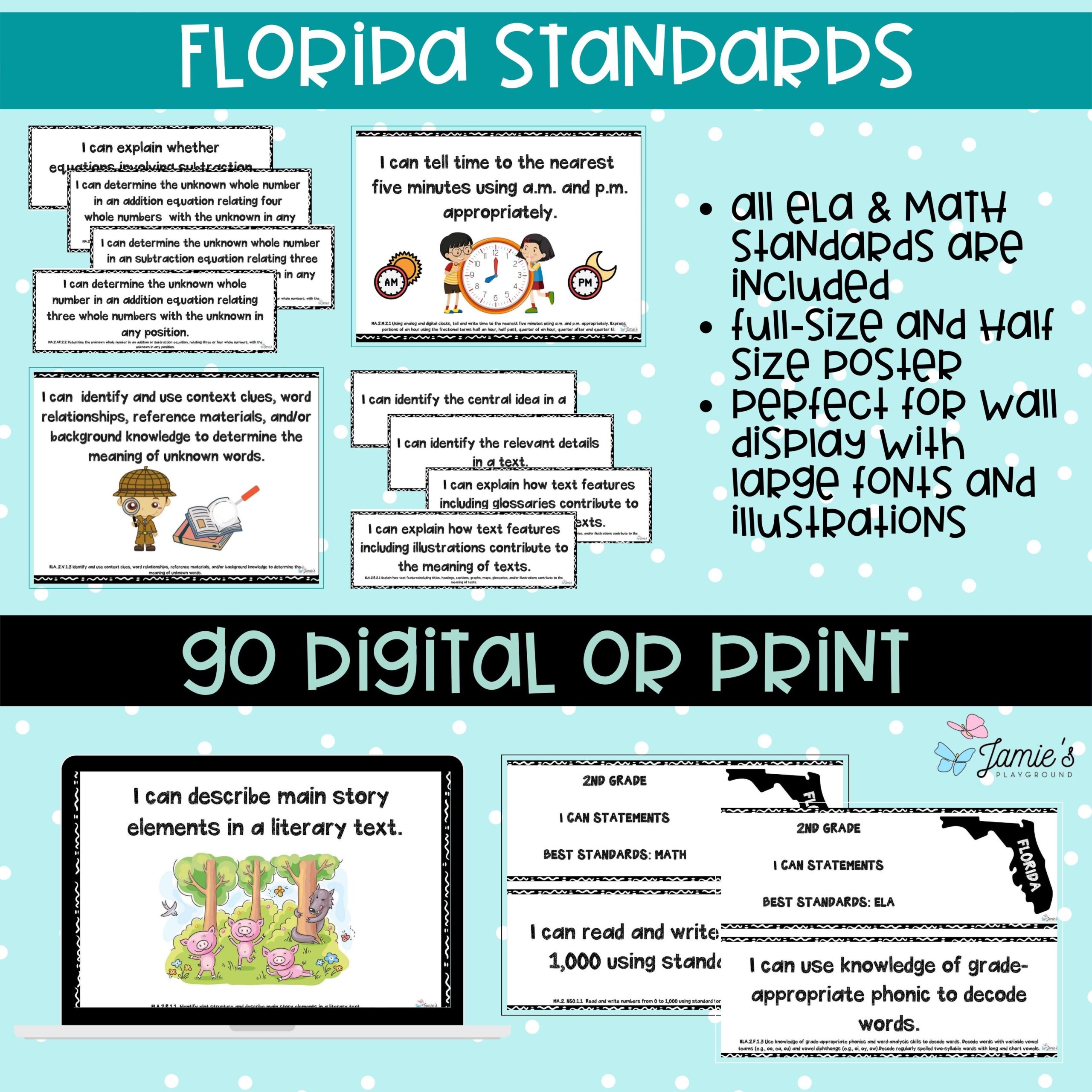 Florida BEST Standards 2nd Grade MATH ELA I Can Statements BUNDLE
