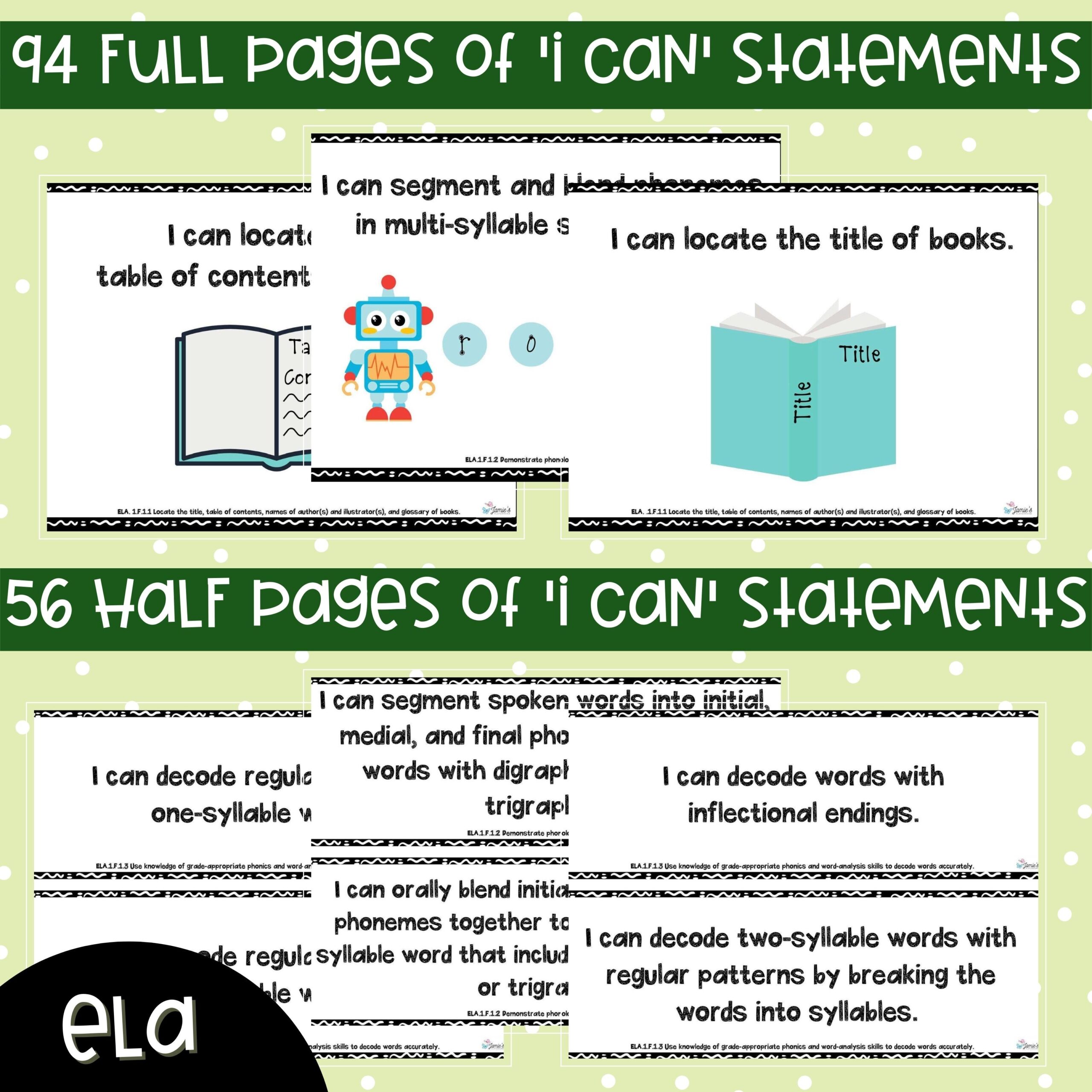 Florida BEST Standards 1st Grade MATH ELA I Can Statements BUNDLE