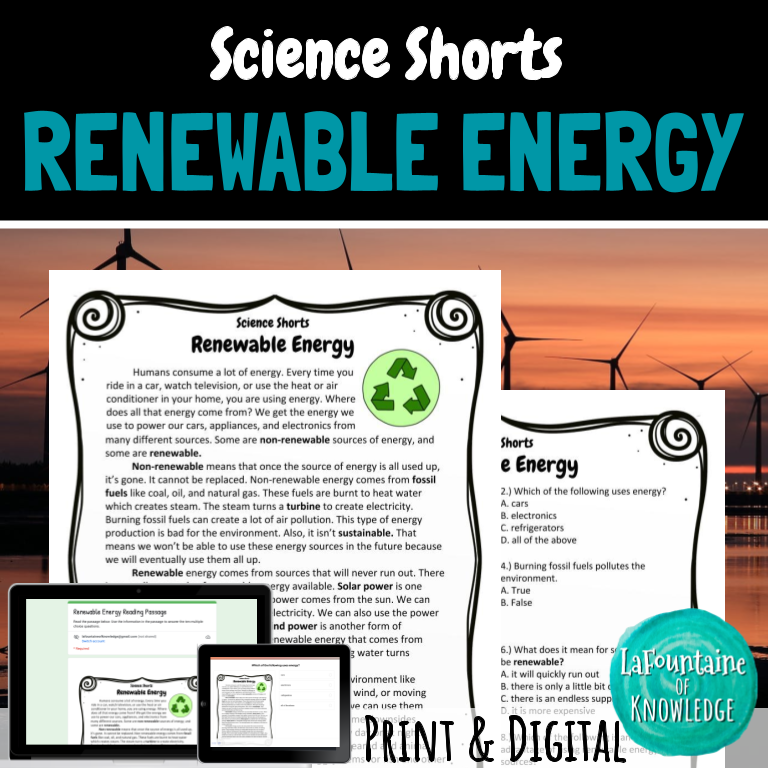 Renewable Energy Reading Comprehension Passage PRINT and DIGITAL - Classful