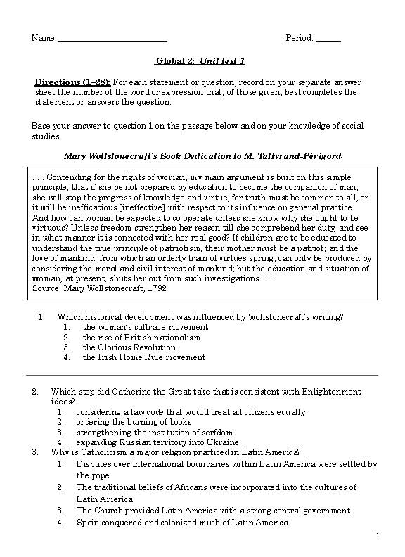 Global 2- Unit Test 1 (Age of Exploration-Enlightenment) - Classful