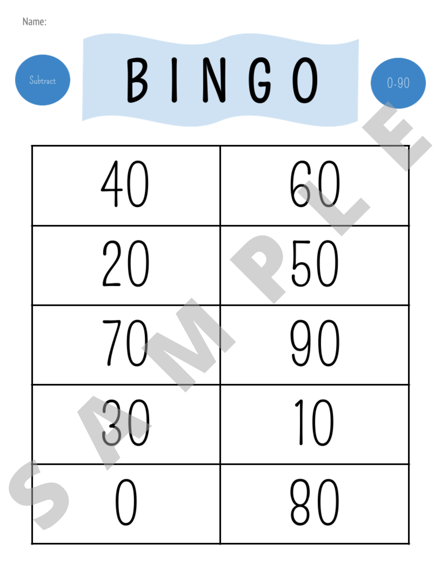 Subtract Multiples of 10 (#10-90) Base Ten, Place Value BINGO GAME 1 ...