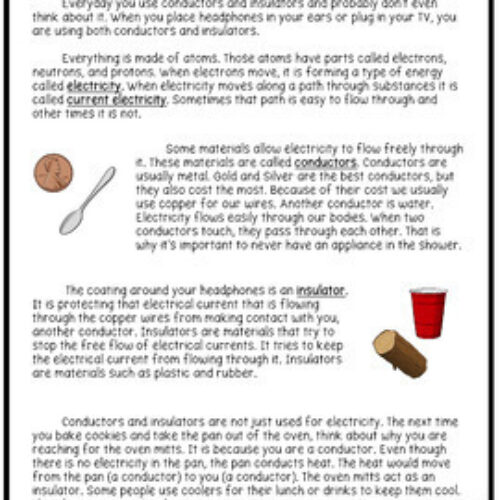Conductors & Insulators of Electricity Investigation Reading Passages ...