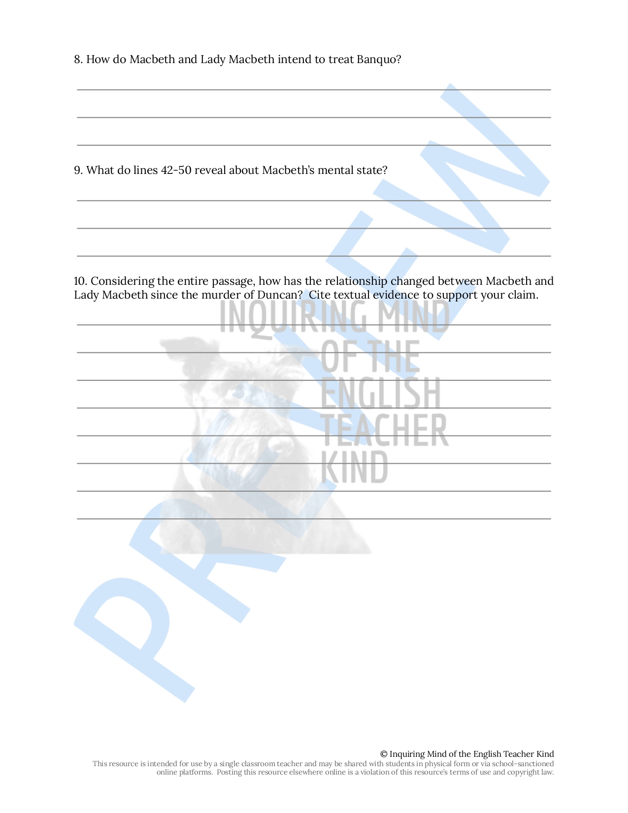 Macbeth Act 3 Scene 2 Close Reading Worksheet - Classful