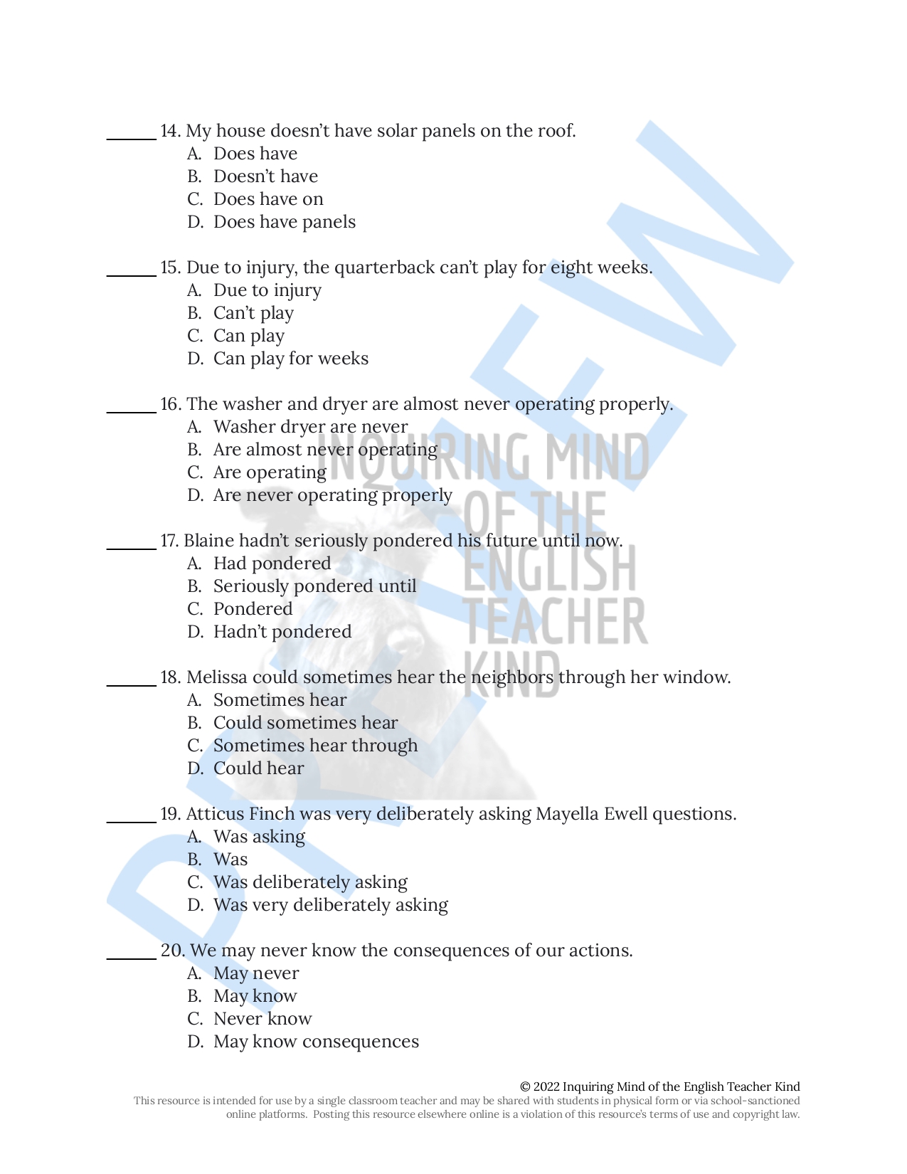 Grammar Practice Worksheet on Main Verbs and Helping Verbs - Classful