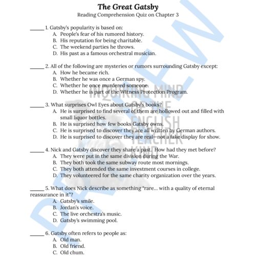 The Great Gatsby Chapter 3 Quiz and Close Reading Questions Bundle ...