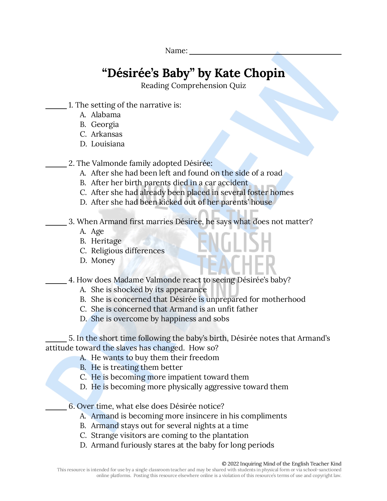 Desiree's Baby by Kate Chopin Quiz and Answer Key - Classful
