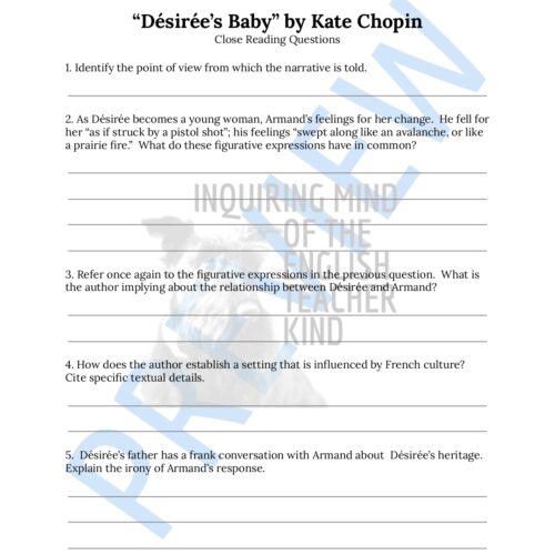 Desiree's Baby by Kate Chopin Close Reading Analysis Worksheet - Classful