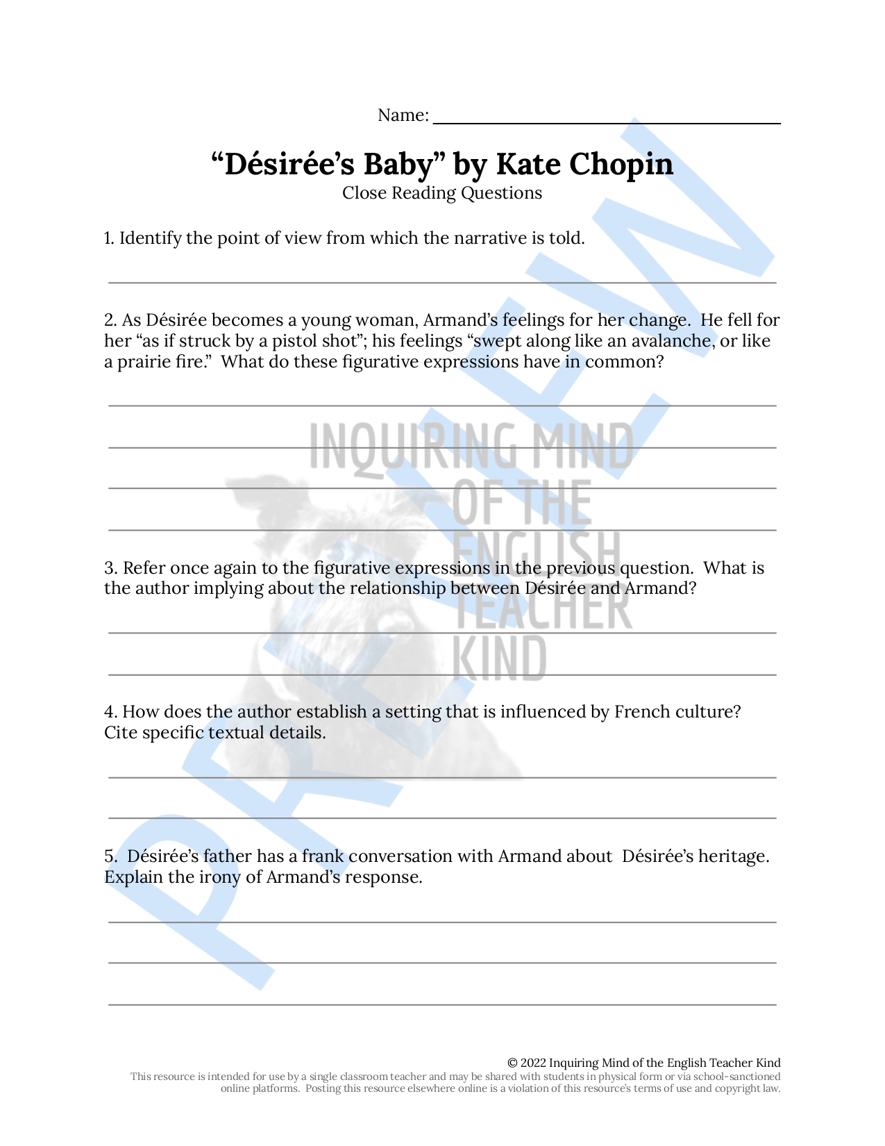 Desiree's Baby by Kate Chopin Close Reading Analysis Worksheet - Classful