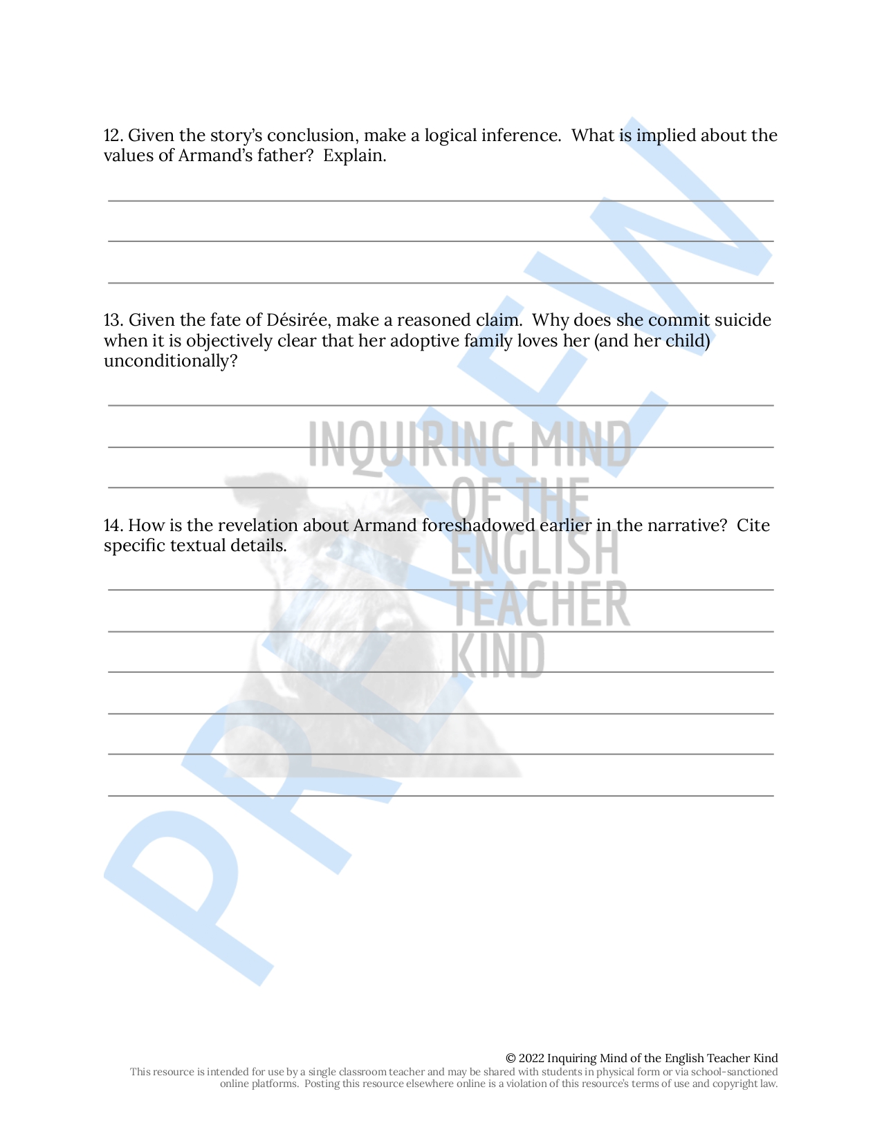 Desiree's Baby by Kate Chopin Close Reading Analysis Worksheet - Classful