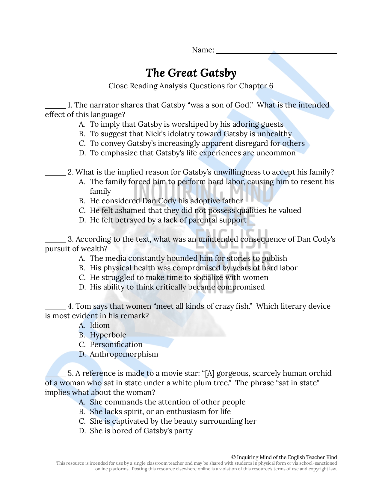 The Great Gatsby Chapter 6 Close Reading Analysis Worksheet - Classful