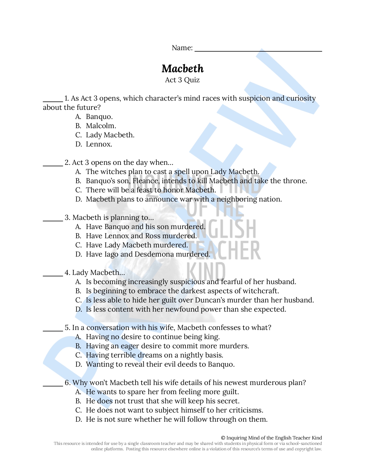 Macbeth Act 3 Quiz and Answer Key - Classful