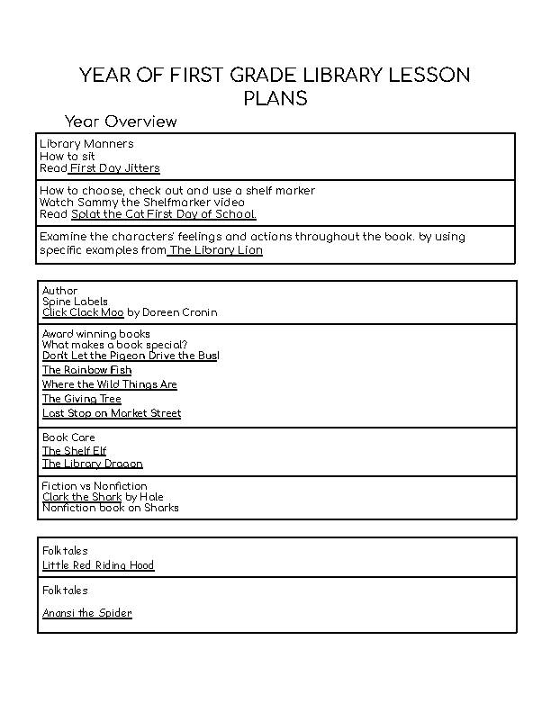 Year of First Grade Library Lesson Curriculum Plans - Classful
