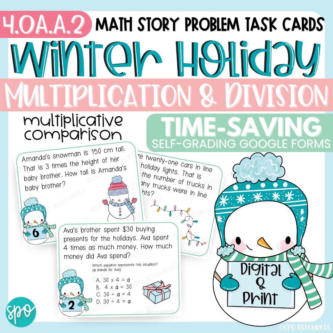 Winter Holiday Math Task Cards Multiplicative Comparison Word Problems 