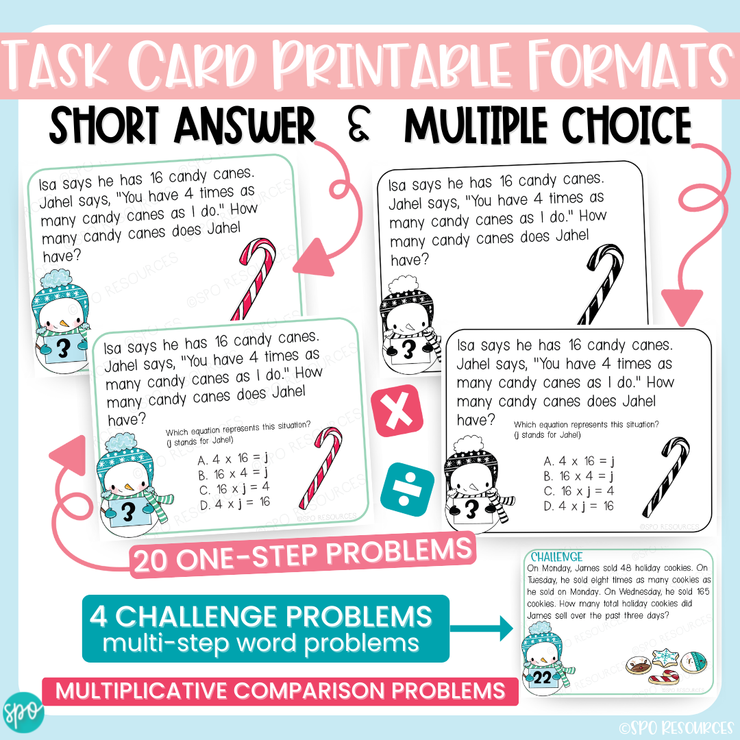 Winter Holiday Math Task Cards Multiplicative Comparison Word Problems ...
