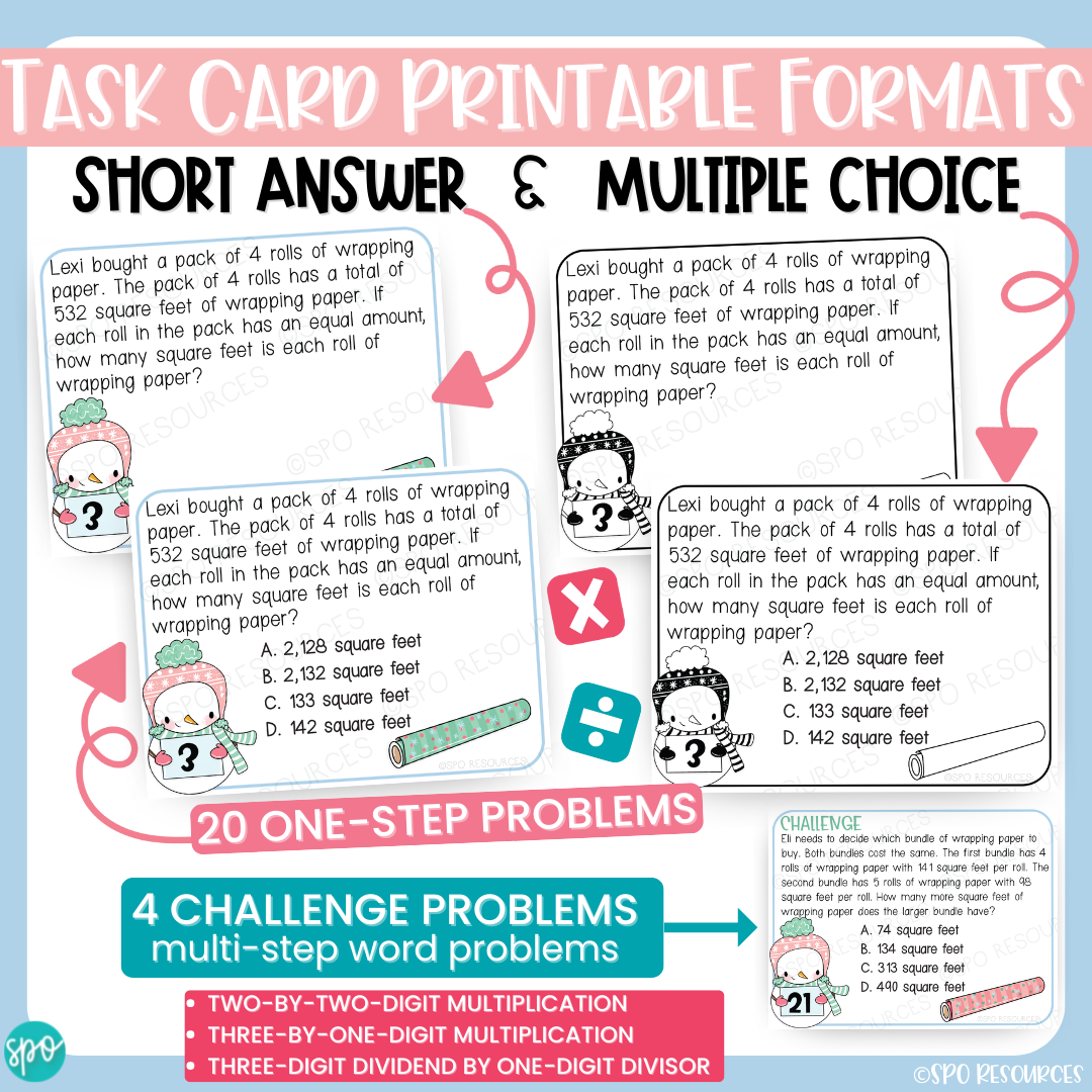 Winter Math Task Cards Multi-digit Multiplication & Division Word ...