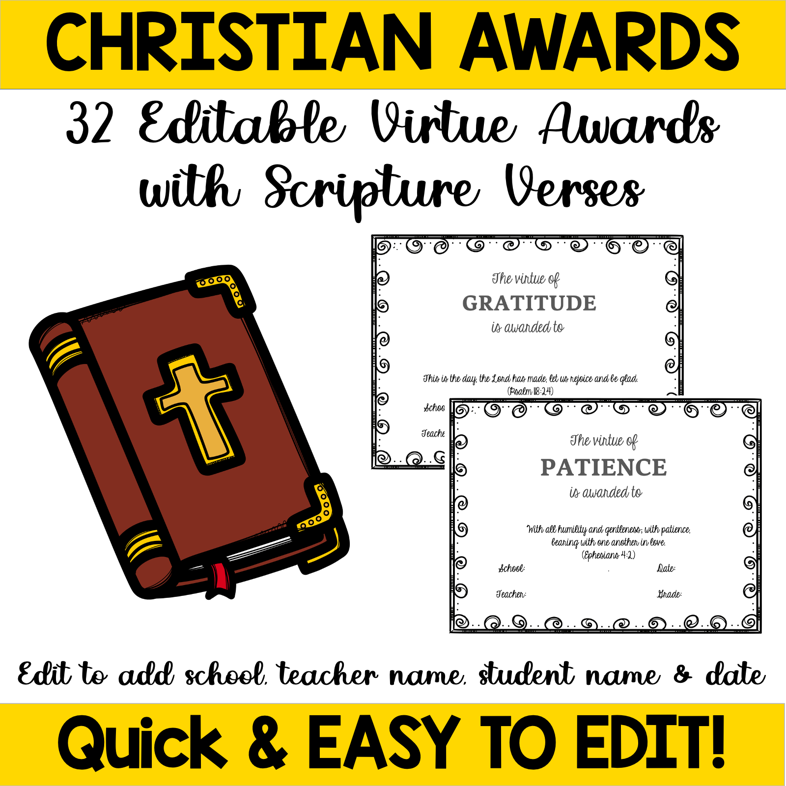 Editable Black and White Christian Virtue Awards with Scripture - Classful