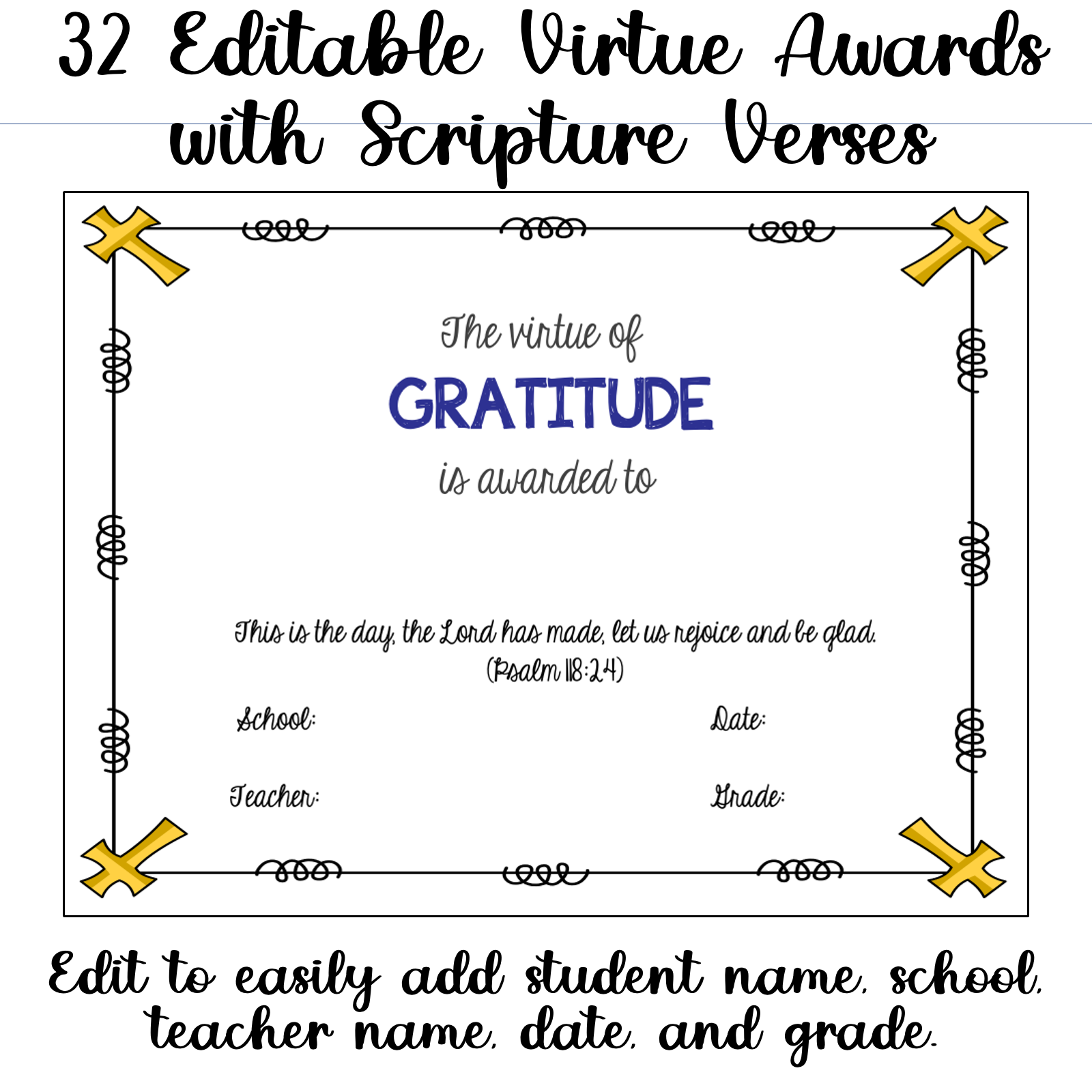 Editable End of the Year Christian Virtue Awards with Scripture-Cross ...