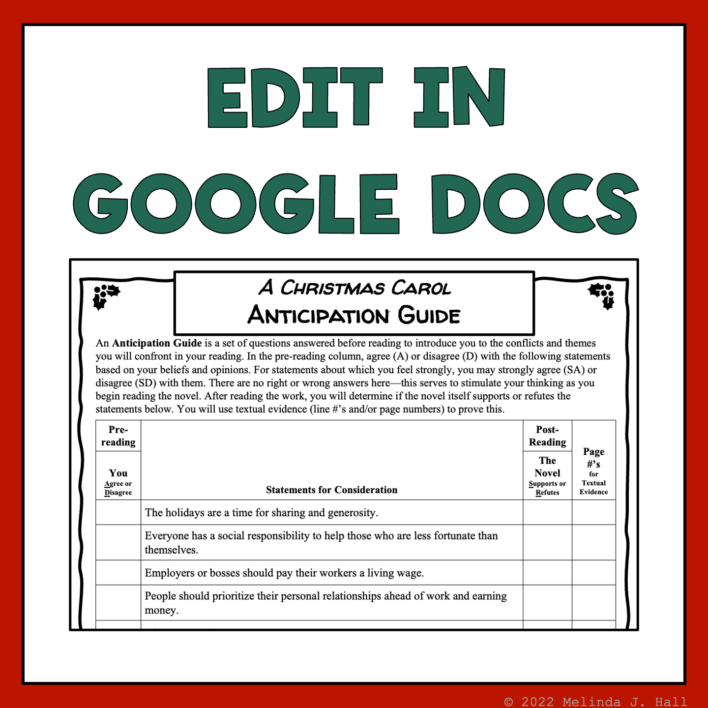 A Christmas Carol - Anticipation Guide - Pre-Reading Discussion & Post ...