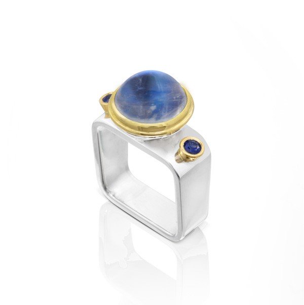 Moonstone and Sapphire Square Ring