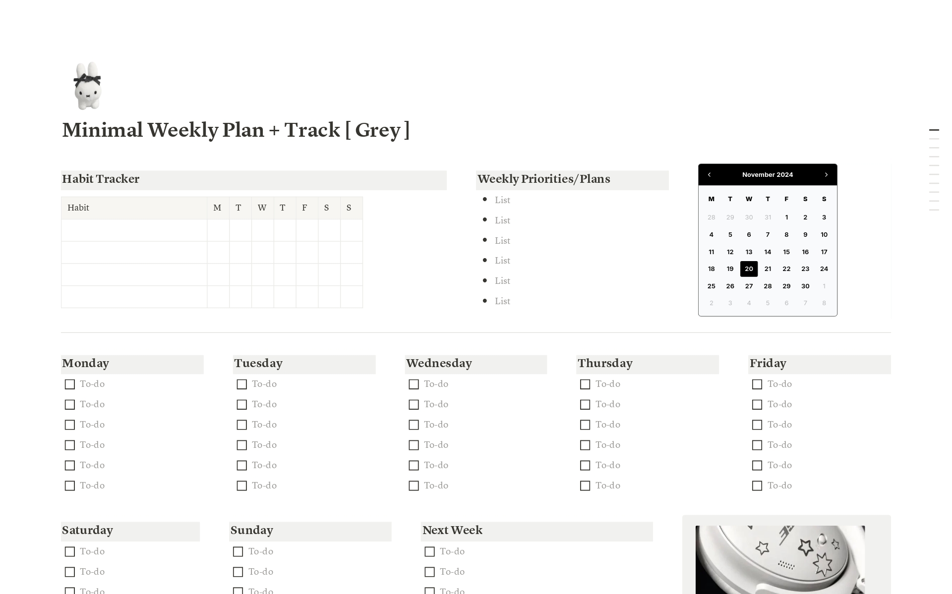Minimal Weekly Plan + Track (No Overwhelm) [Grey] Template by sᴋʙᶦˡʸ ...