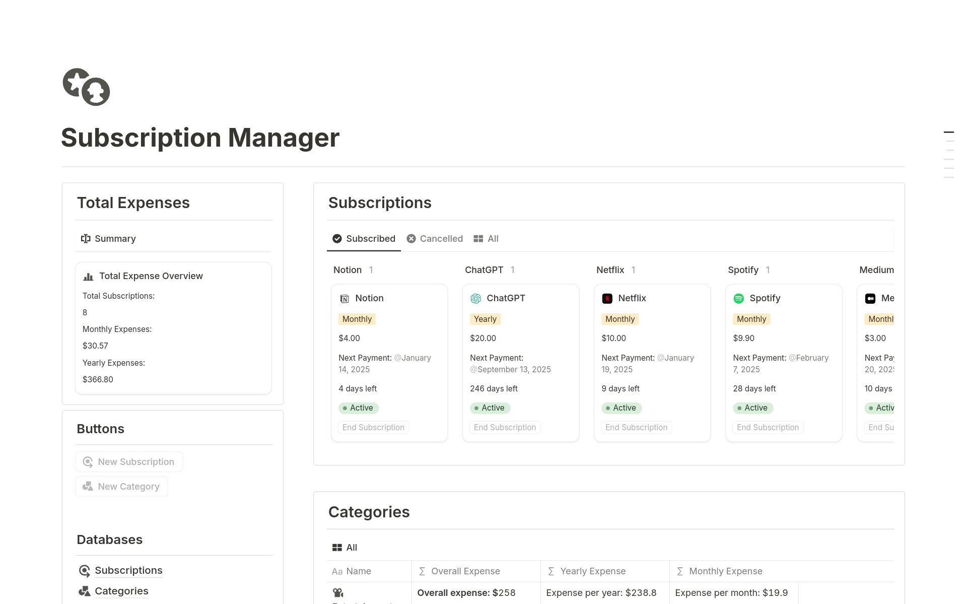 Subscription Manager Template | Notion Marketplace