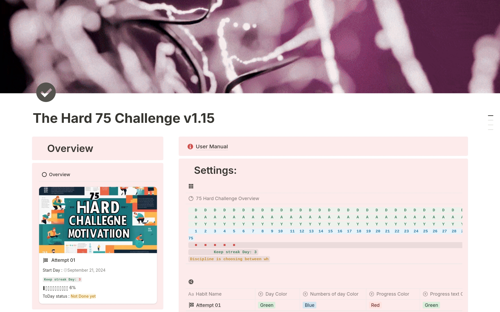The Hard 75 Challenge v1.15 Template | Notion Marketplace