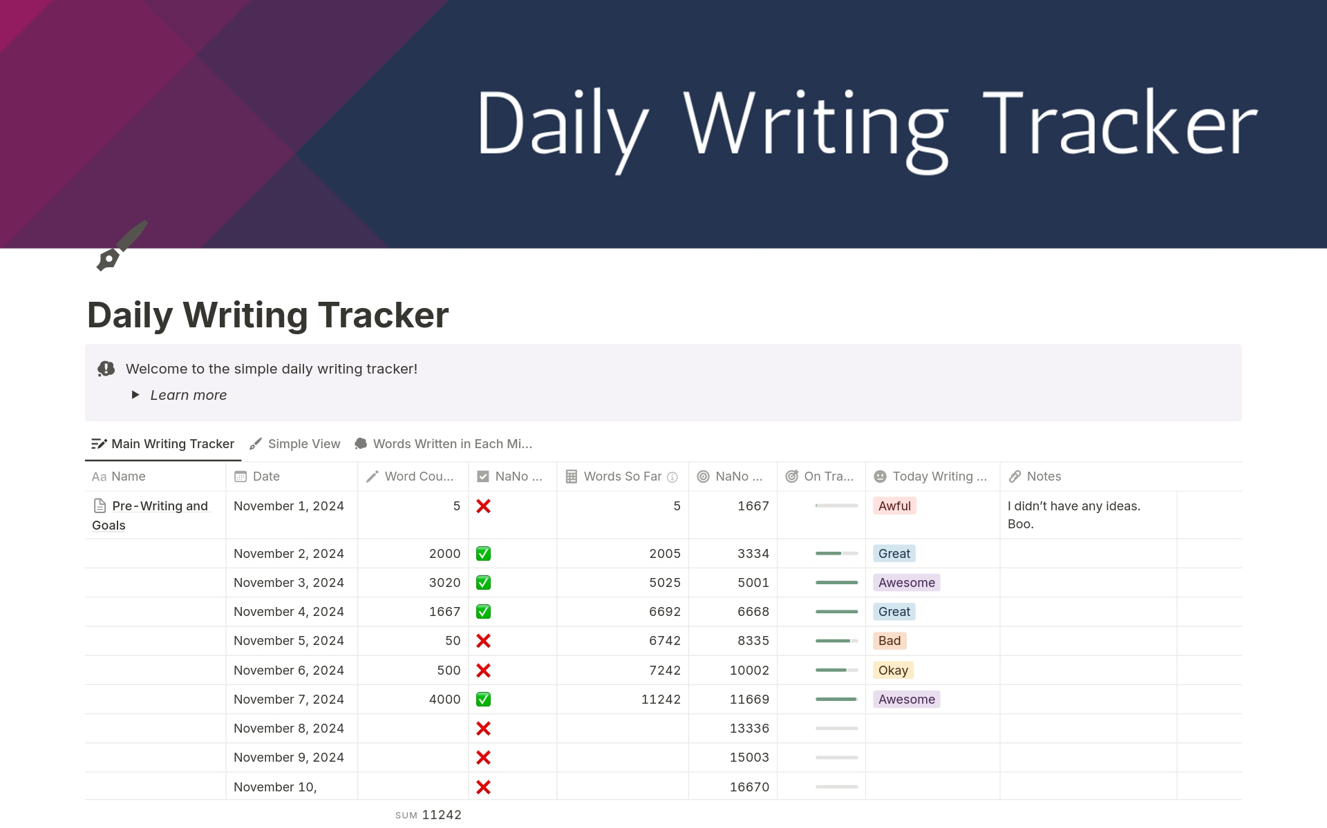 Simple Daily Writing Tracker Template | Notion Marketplace