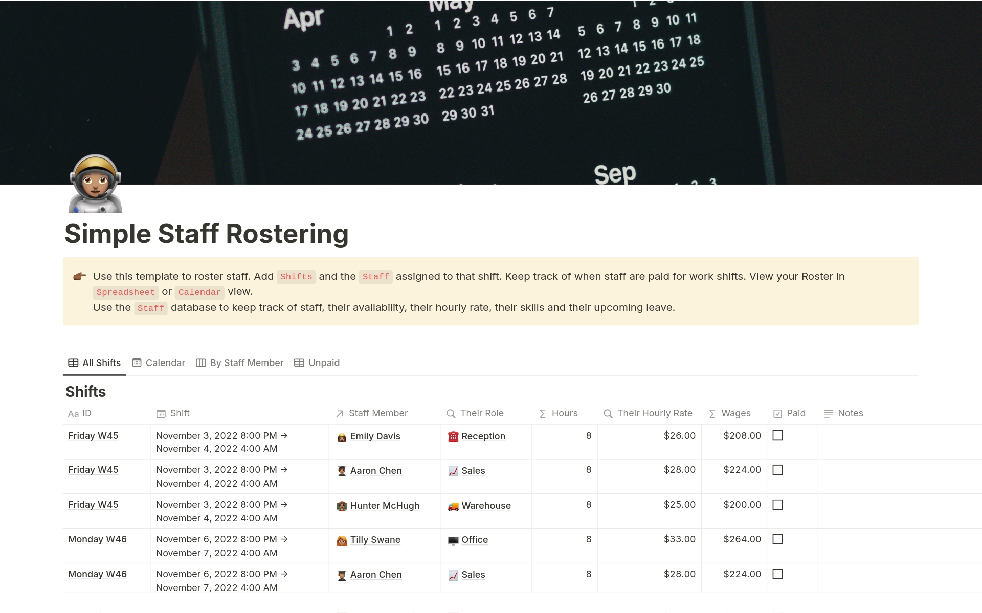 Simple Staff Rostering Template | Notion Marketplace