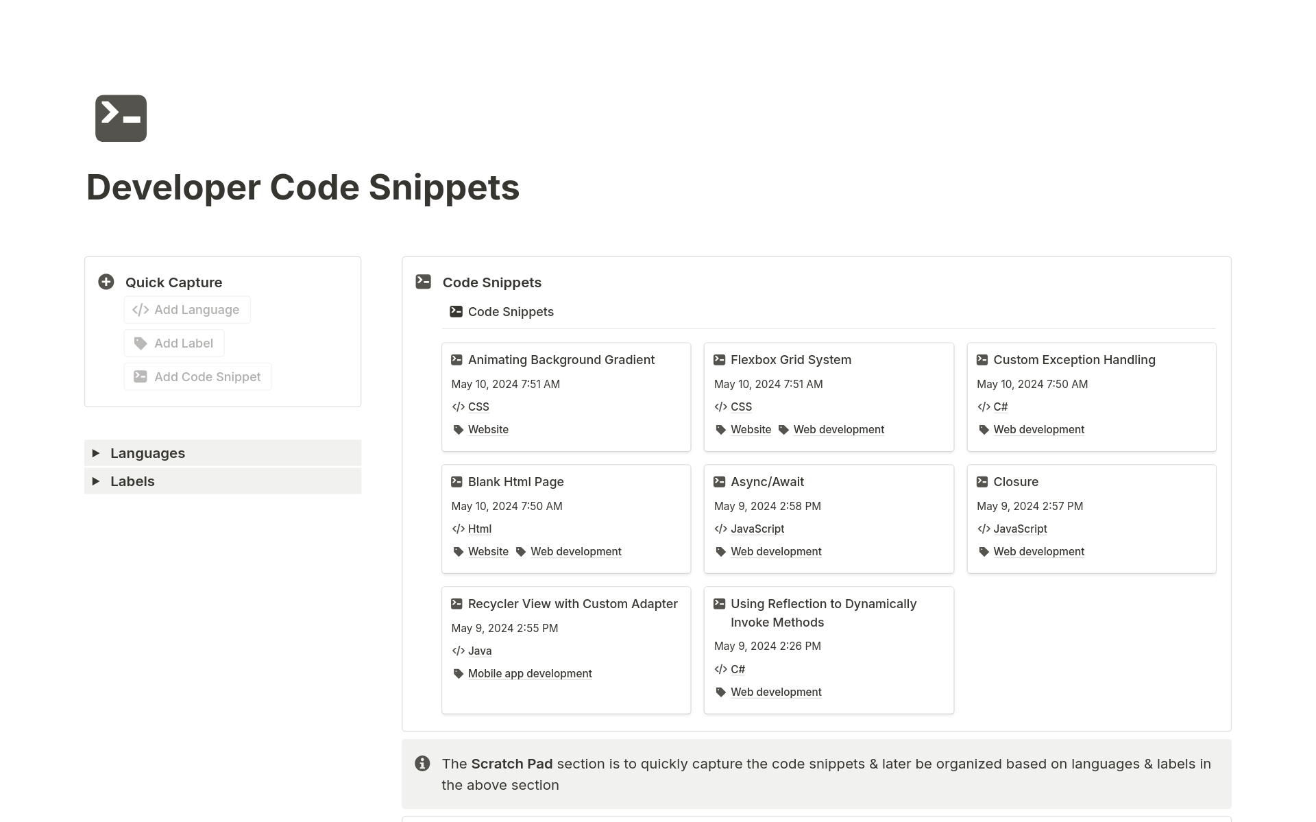 Developer Code Snippets Template by Locominder | Notion Marketplace