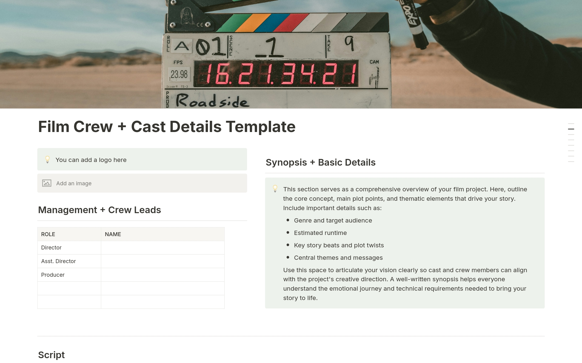 Small Film Crew + Cast Details Template by TJ Nealy | Notion Marketplace