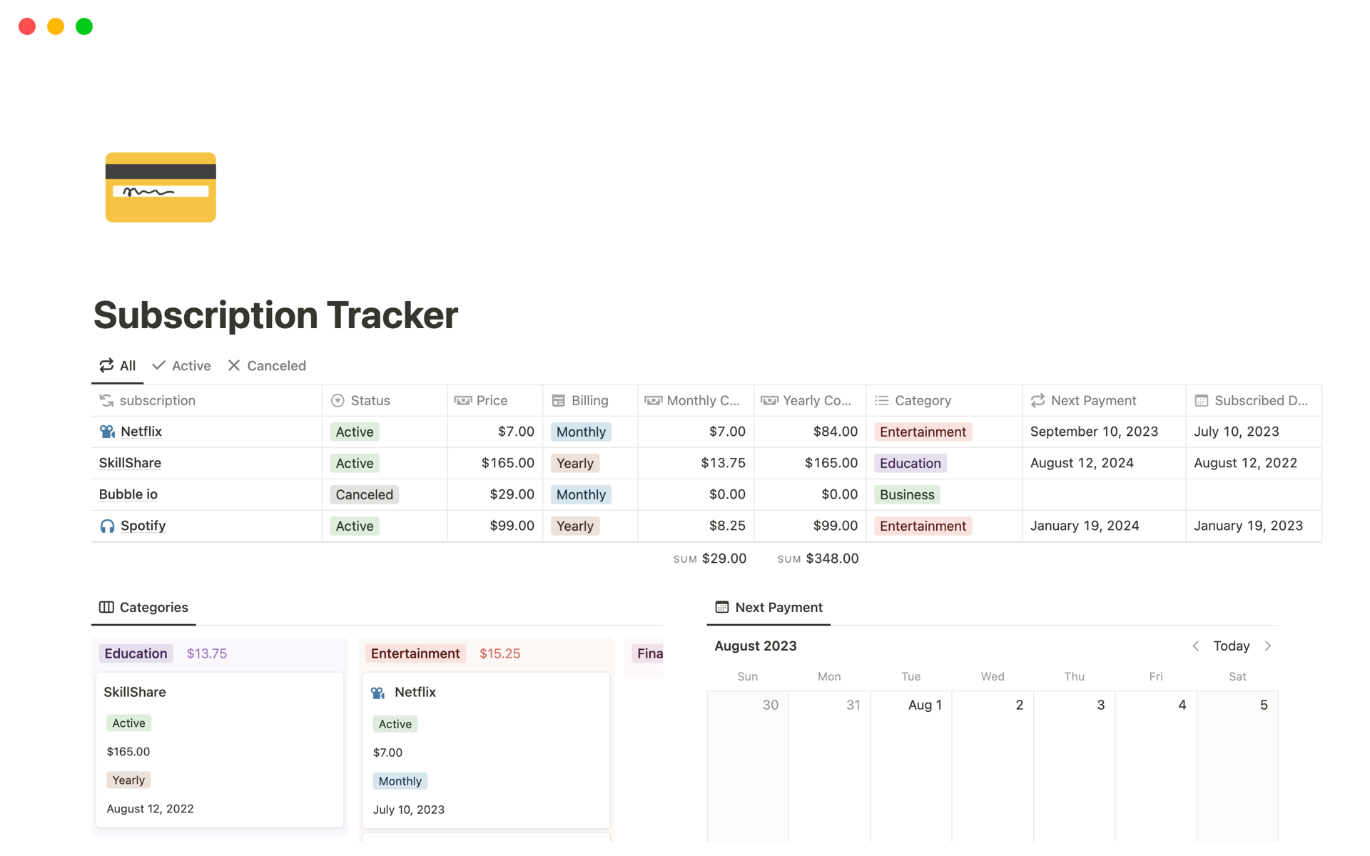 Subscription Tracker Template | Notion Marketplace