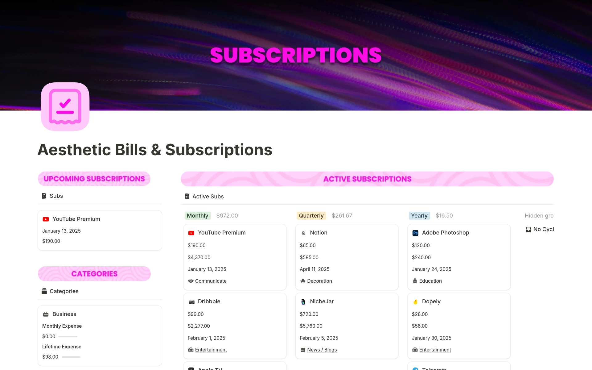 Aesthetic Bills & Subscriptions Template | Notion Marketplace