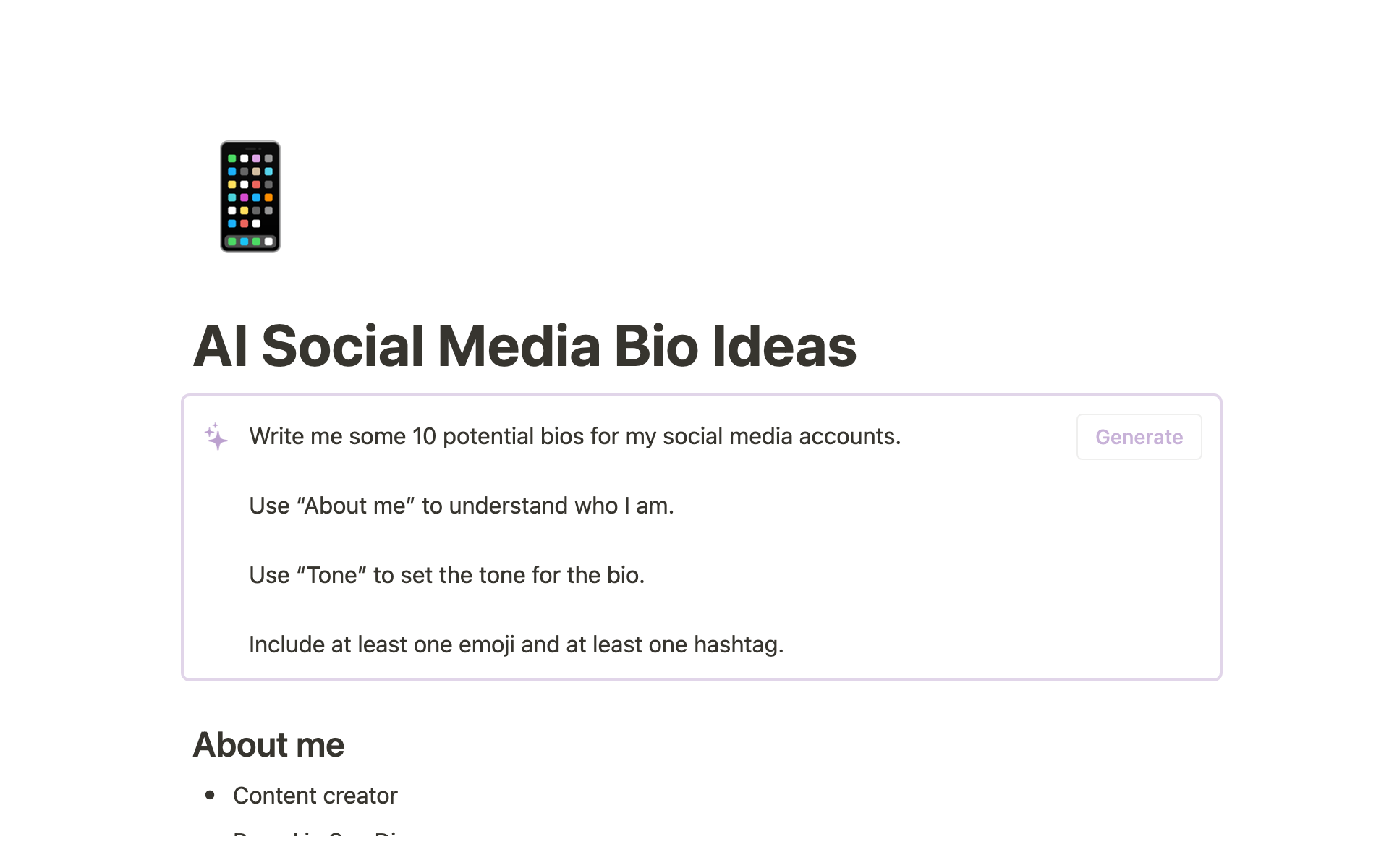 AI Social Media Bio Ideas Template by Notion | Notion Marketplace